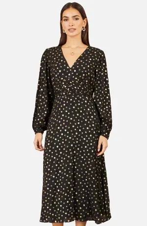 YUMI Long Sleeve Foil Print Midi Dress