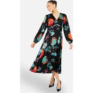 YUMI Long Sleeve Floral Midi Dress - Black