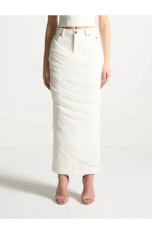 Manière De Voir Draped Mesh Denim Maxi Skirt - White