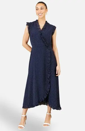YUMI Polka Dot Midi Wrap Dress
