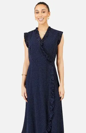 YUMI Polka Dot Midi Wrap Dress