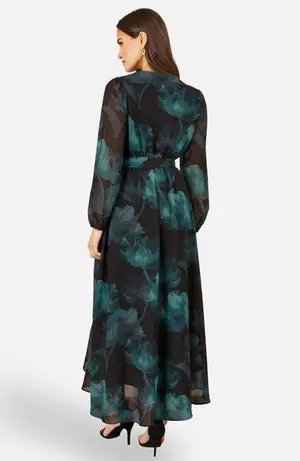 YUMI Floral Dipped Hem Wrap Midi Dress
