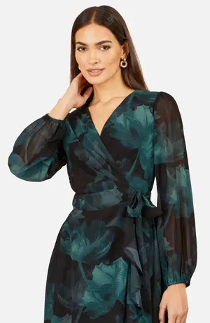 YUMI Floral Dipped Hem Wrap Midi Dress