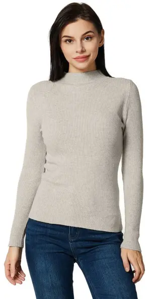 ZILPU Slim Fit Ribbed Mock Neck Sweater Top - Beige
