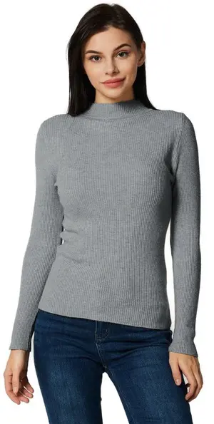 ZILPU Slim Fit Ribbed Mock Neck Sweater Top Grey