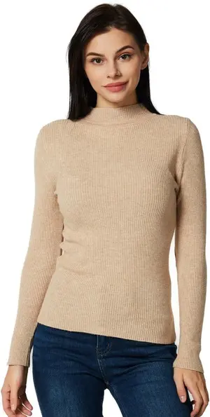 ZILPU Slim Fit Ribbed Mock Neck Sweater Top Khaki
