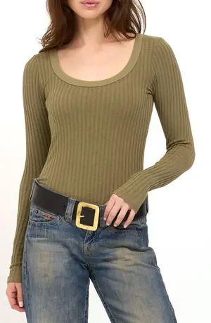 PROJECT SOCIAL T Ribbed Scoop Neck Long Sleeve Top - Olive