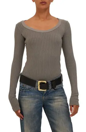 PROJECT SOCIAL T Ribbed Scoop Neck Long Sleeve Top - Slate