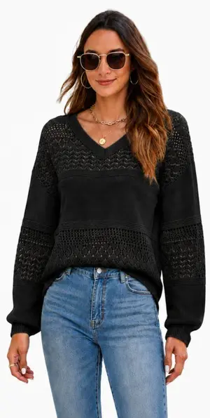 ZILPU Pointelle Knit V-neck Sweater - Black