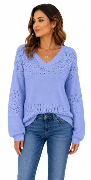 ZILPU Pointelle Knit V-neck Sweater - Blue