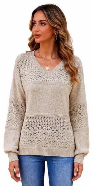 ZILPU Pointelle Knit V-neck Sweater - Camel