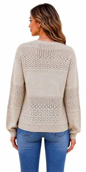 ZILPU Pointelle Knit V-neck Sweater - Camel