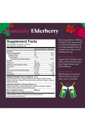 AMAZING GRASS Greens Blend Immunity Powder Elderberry Superfood Supplement 7.4 Oz