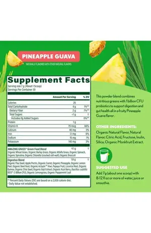AMAZING GRASS Super Greens Digest Powder Pineapple Guava 30 Servings