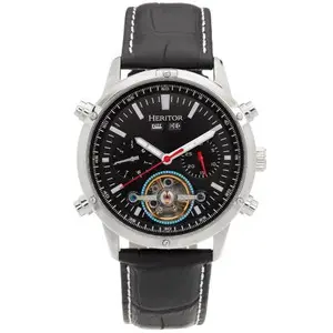 HERITOR AUTOMATIC Wilhelm Day-date Semi Skeleton Automatic Watch W/ Leather Band - Black