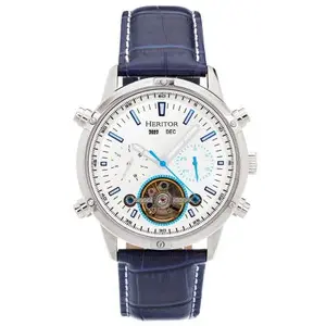 HERITOR AUTOMATIC Wilhelm Day-date Semi Skeleton Automatic Watch W/ Leather Band - Blue