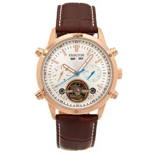 HERITOR AUTOMATIC Wilhelm Day-date Semi Skeleton Automatic Watch W/ Leather Band - Brown