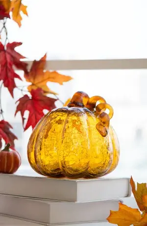 GLITZHOME 7.75"d Amber Crackle Glass Pumpkin