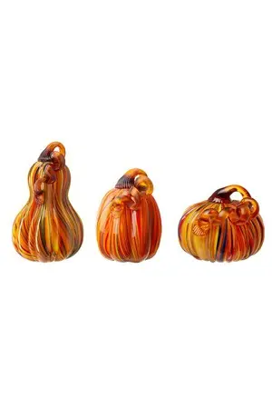 GLITZHOME Set Of 3 Multi Striped Glass Pumpkin & Gourd - Brown