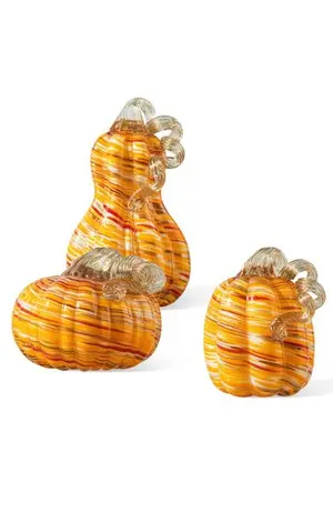 GLITZHOME Set Of 3 Multi Striped Glass Pumpkin & Gourd - Orange