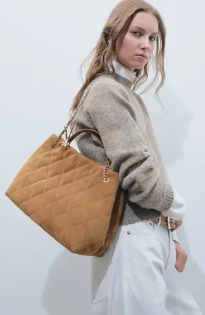 Tory Burch Fleming Quilted Suede Carryall Tote