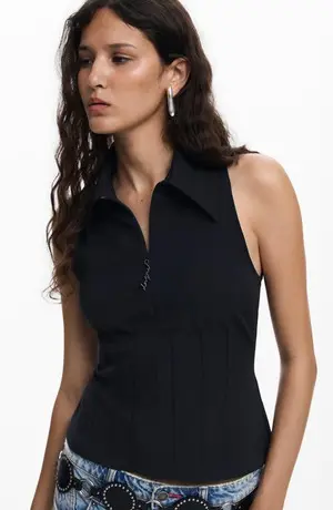 Desigual Pleated Sleeveless Half Zip Top