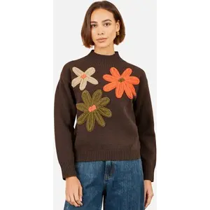 YUMI Applique Flowers High Neck Jumper - Brown