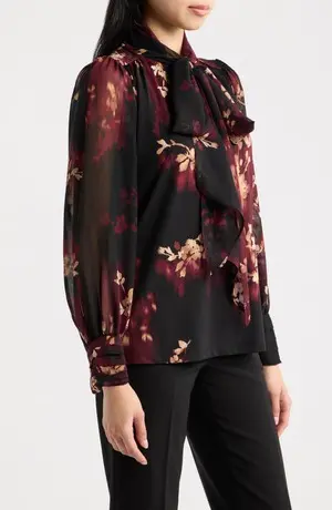 Anne Klein Mixed Media Floral Print Tie Neck Top