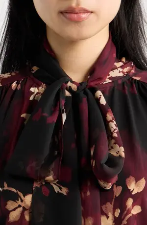 Anne Klein Mixed Media Floral Print Tie Neck Top