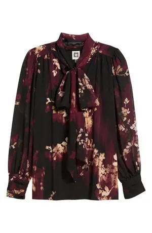 Anne Klein Mixed Media Floral Print Tie Neck Top