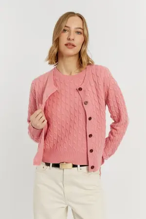 Chinti & Parker Pure Cashmere Cabled Crew Neck Cardigan - Salmon