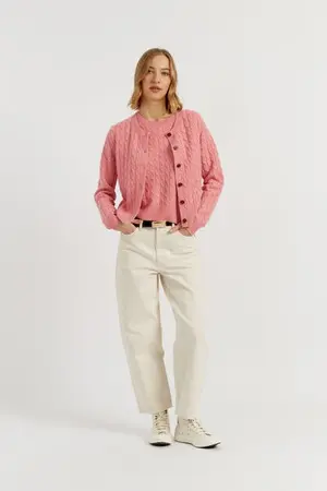 Chinti & Parker Pure Cashmere Cabled Crew Neck Cardigan - Salmon