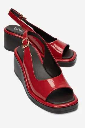 FOREVER & ALWAYS SHOES Orlena Leather Platform Wedge Sandal Red