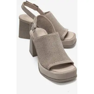 FOREVER & ALWAYS SHOES Penvia Block Heel Leather Platform Sandal Beige Suede