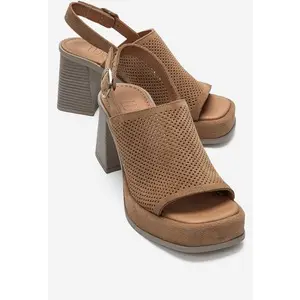 FOREVER & ALWAYS SHOES Penvia Block Heel Leather Platform Sandal Cognac Suede