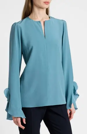 Santorelli Anna Silk Ruffle Cuff Blouse