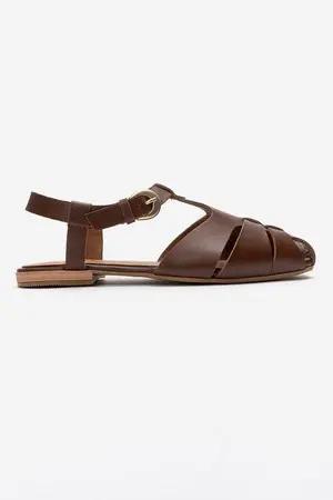 FOREVER & ALWAYS SHOES Jandor Leather Ankle Strap Flat Sandal - Brown