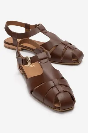 FOREVER & ALWAYS SHOES Jandor Leather Ankle Strap Flat Sandal - Brown