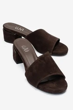 FOREVER & ALWAYS SHOES Delavie Leather Block Heel Sandal Brown Suede