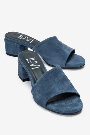 FOREVER & ALWAYS SHOES Delavie Leather Block Heel Sandal Denim Blue Suede