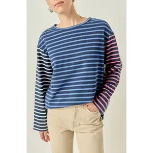 English Factory Mixed Stripe Top - Navy Multi