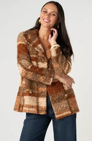 LIVERPOOL Double Breasted Plaid High Pile Fleece Coat