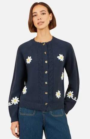 YUMI Daisy Stitch Cardigan Navy