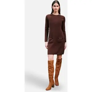 YUMI Long Sleeve Knitted Tunic Dress Brown