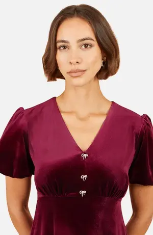YUMI Diamante Bow Velvet Skater Dress - Burgundy