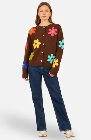 YUMI Knitted Flower Applique Cardigan - Brown