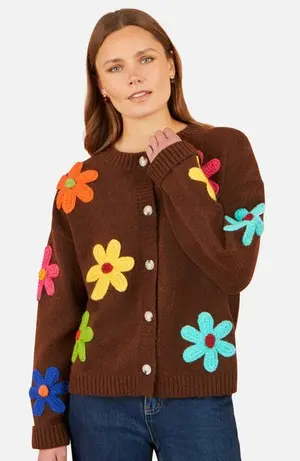 YUMI Knitted Flower Applique Cardigan - Brown