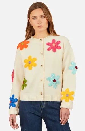 YUMI Knitted Flower Applique Cardigan Ivory