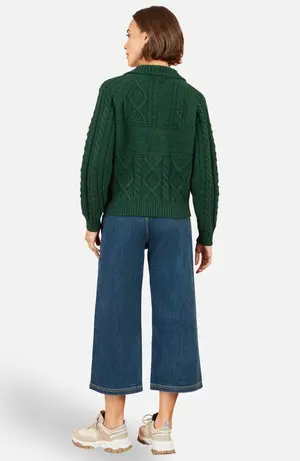 YUMI Collard Cable Knit Boxy Cardigan - Green