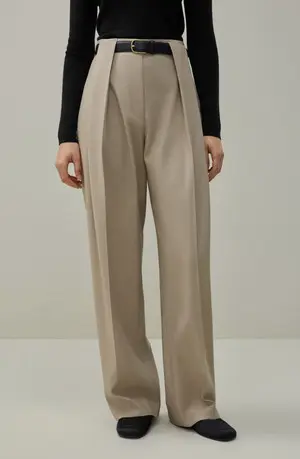 Lilysilk Box Pleated Silk-wool Wide Leg Trousers